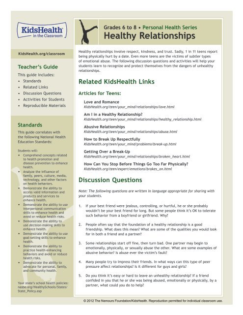 Teacher's Guide: Healthy Relationships (grades 6 to 8)