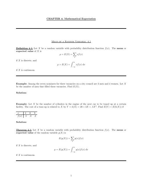 CHAPTER 4 Mathematical Expectation Mean Of A Random Variable 