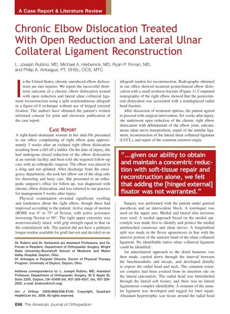 Chronic Elbow Dislocation Treated With Open Reduction and ...