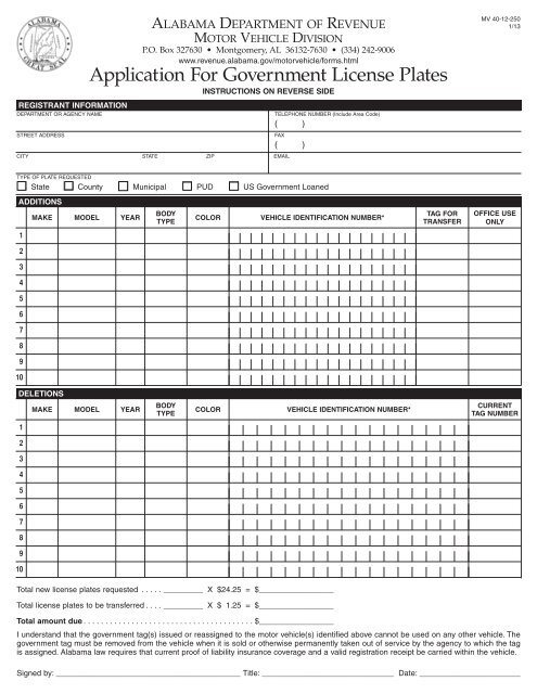 Application For Government License Plates - Alabama Department ...
