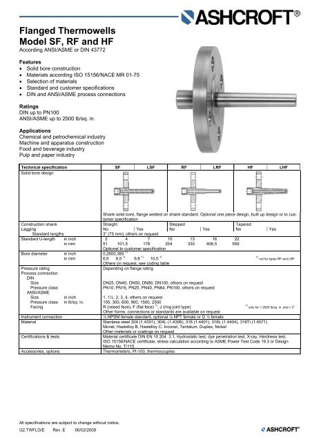 Flanged Thermowells Model SF, RF and HF - Ashcroft Instruments ...
