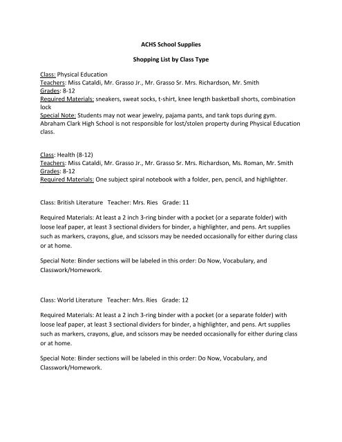 ACHS School Supplies Shopping List by Class Type Class: Physical ...