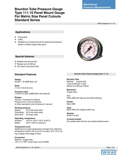 Bourdon Tube Pressure Gauge Type 111.16PM Panel Mount ...