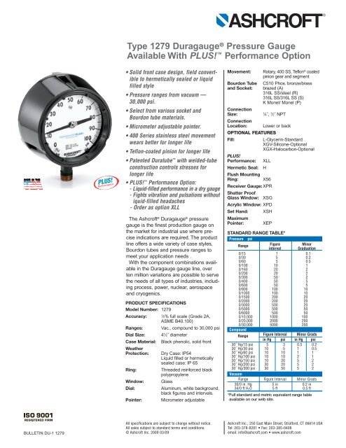 Ashcroft 1279 Duragauge Pressure Gauge data sheet - DFS Gauges