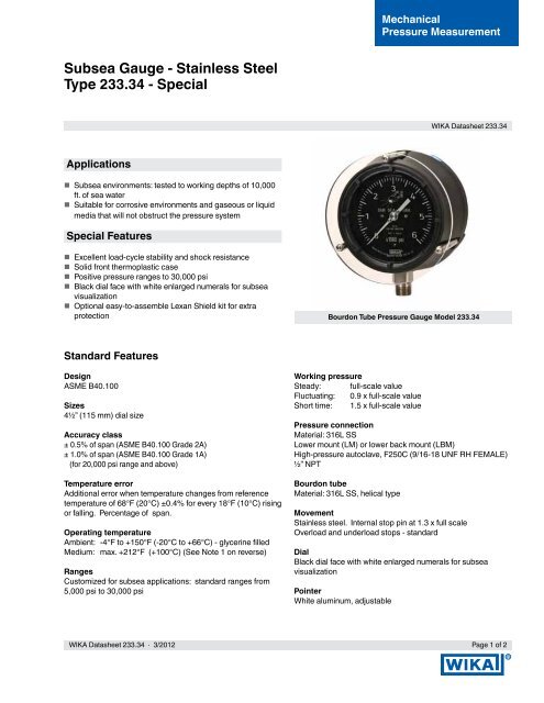 Subsea Gauge - Stainless Steel Type 233.34 - Special - Wika
