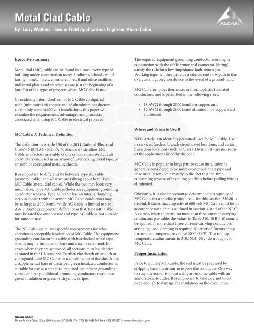 Metal Clad Cable - Alcan - Rio Tinto Alcan