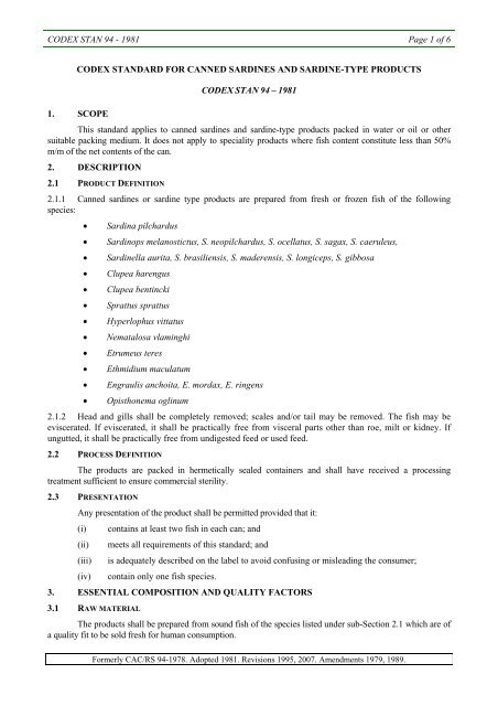 codex standard for canned sardines and sardine-type products