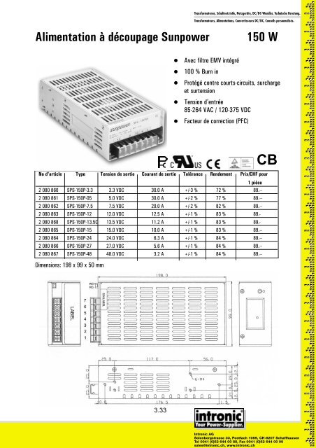 Alimentation à découpage Sunpower 150 W - Intronic AG