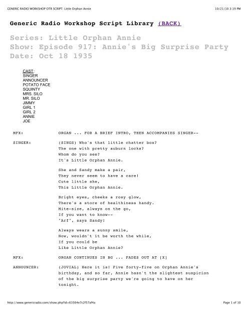 GENERIC RADIO WORKSHOP OTR SCRIPT: Little Orphan Annie