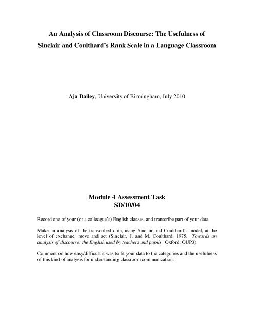 An Analysis of Classroom Discourse - University of Birmingham