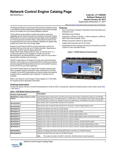 Network Control Engine Catalog Page - Johnson Controls - Johnson ...