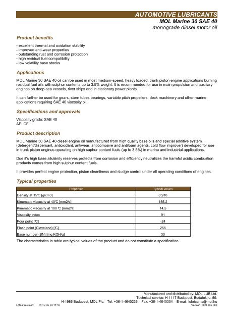 Technical Data Sheet - MOL Marine 30 SAE 40