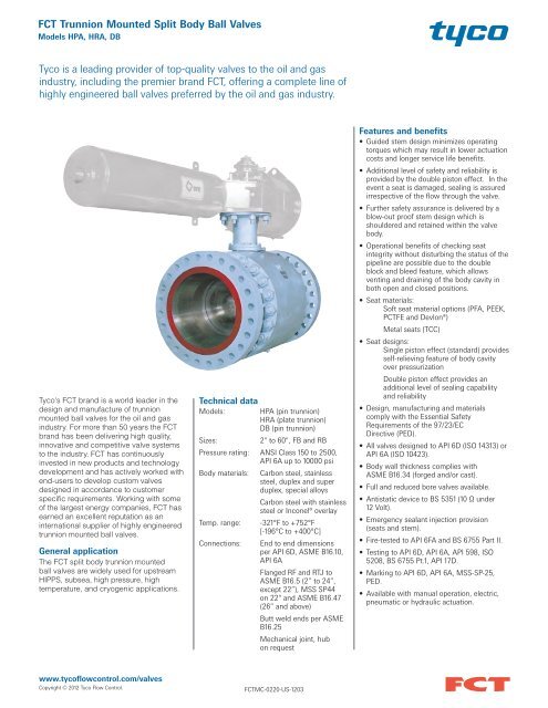 FCT Trunnion Mounted Split Body Ball Valves - Valves and Controls