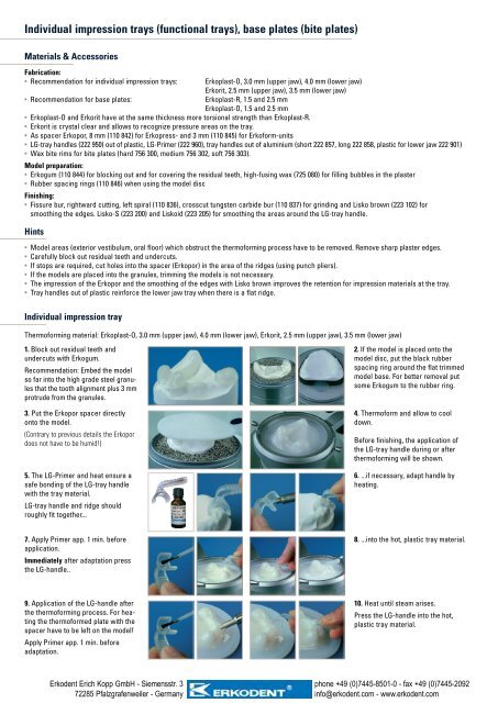 Individual impression trays (functional trays), base plates ... - Erkodent