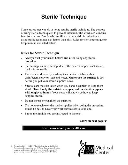 Sterile Technique - Patient Education Home - The Ohio State ...