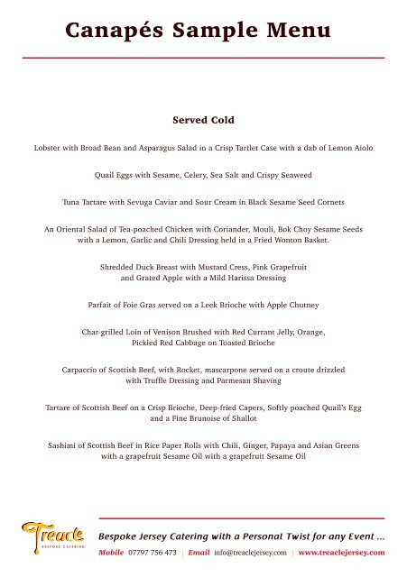 Canapés Sample Menu - Treacle Jersey