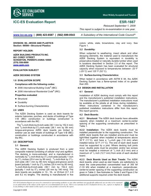 ESR-1667 - AZEK Building Products Inc. - ICC Evaluation Service
