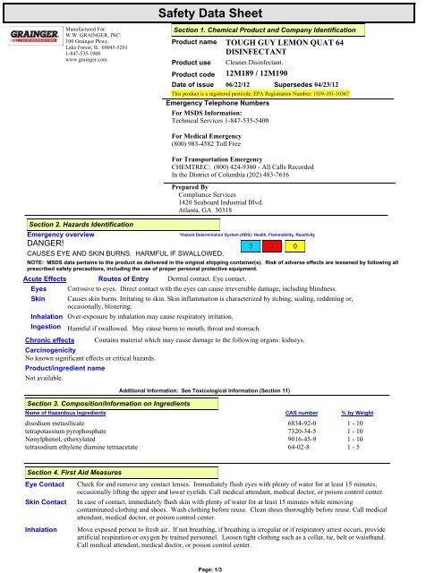 1918 TOUGH GUY LEMON QUAT 64 DISINFECTANT (English (US ...