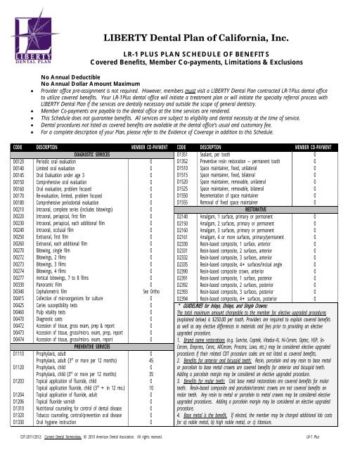 LR1 Plus Benefit Schedule DHMO - Liberty Dental Plan of California