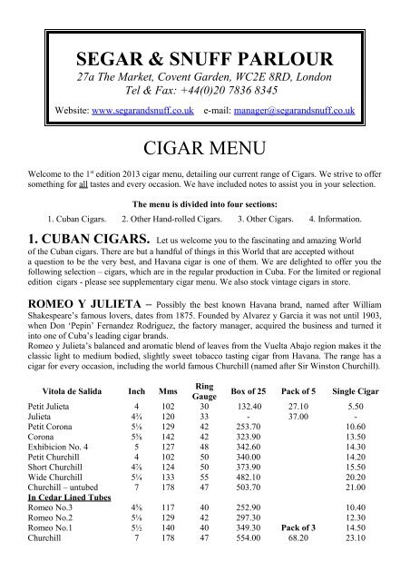 CIGAR MENU SEGAR & SNUFF PARLOUR, 50% OFF