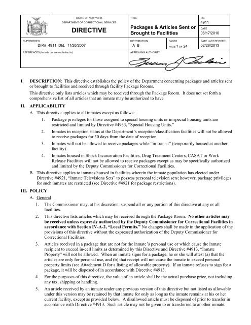 Directive #4911 - New York State Department of Correctional Services