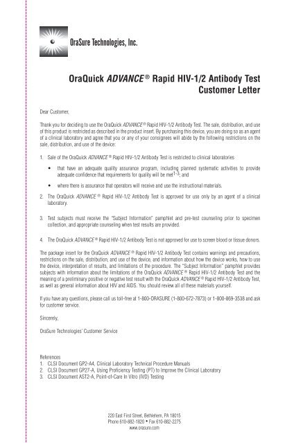 OraQuick ADVANCE Rapid HIV-1/2 Antibody Test - OraSure ...