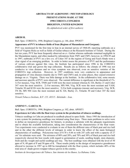 Agronomy / Phytopathology - coresta
