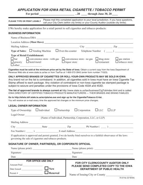 Iowa Application for Retail Cigarette Tobacco Permit - Jefferson, Iowa