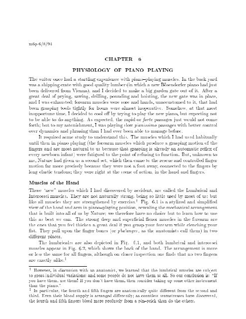 CHAPTER 6 PHYSIOLOGY OF PIANO PLAYING Muscles of the Hand