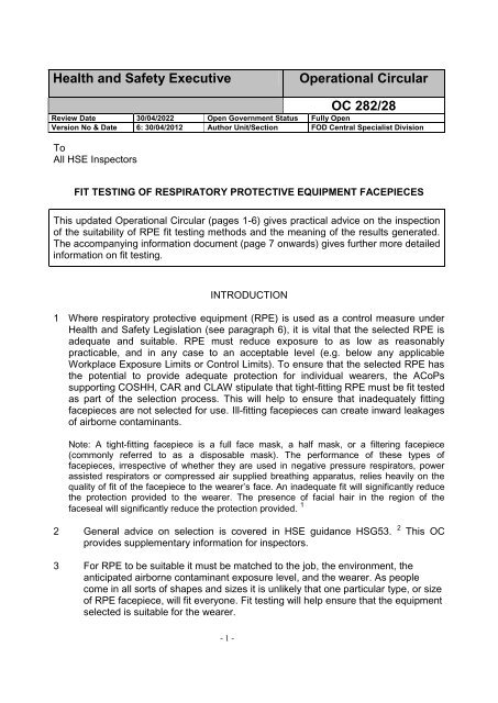FIT TESTING OF RESPIRATORY PROTECTIVE EQUIPMENT ... - HSE