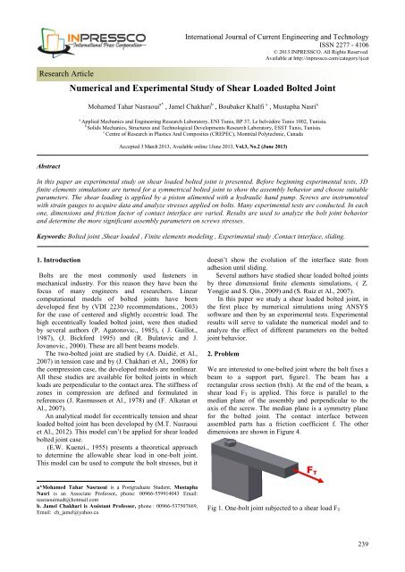 Numerical and Experimental Study of Shear Loaded Bolted Joint
