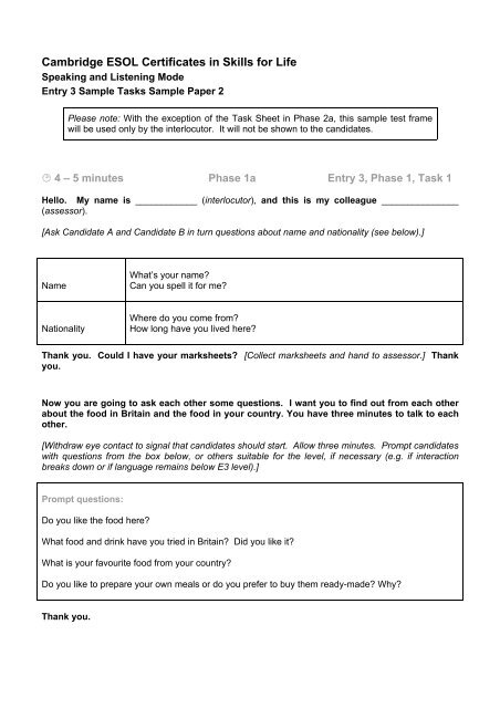 Entry 3 Speaking & Listening sample papers - Cambridge ESOL ... Entry 3 Speaking & Listening sample papers - Cambridge ESOL ...