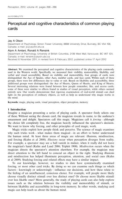 Perceptual and cognitive characteristics of common playing cards