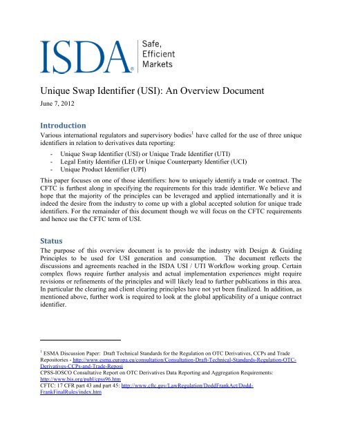 Unique Swap Identifier (USI): An Overview Document - ISDA