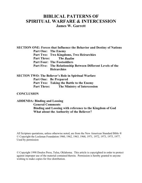Biblical Patterns of Spiritual Warfare & Intercession ... - Doulos Press