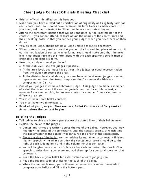 Chief Judge's Briefing Checklist - District 46 Toastmasters