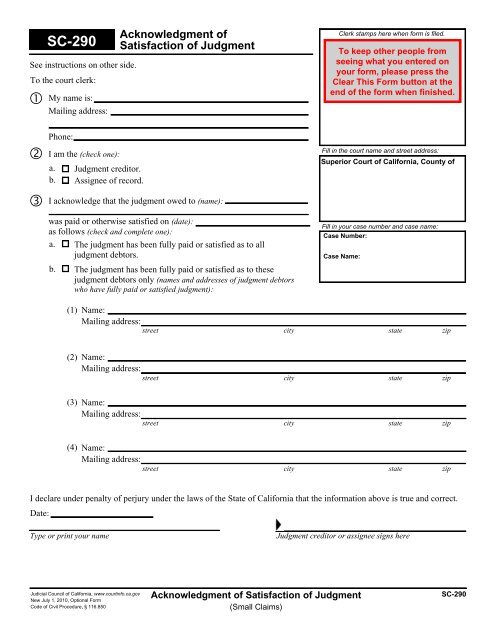 SC-290 Acknowledgment of Satisfaction of Judgment - California ...