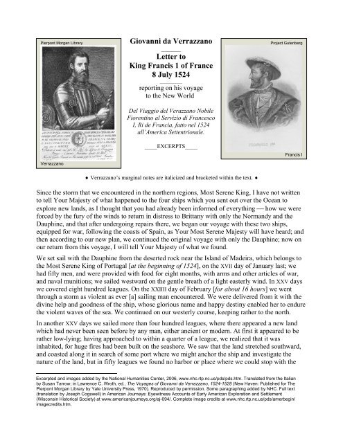Giovanni da Verrazzano, Letter to King Francis, 1524 - National ...