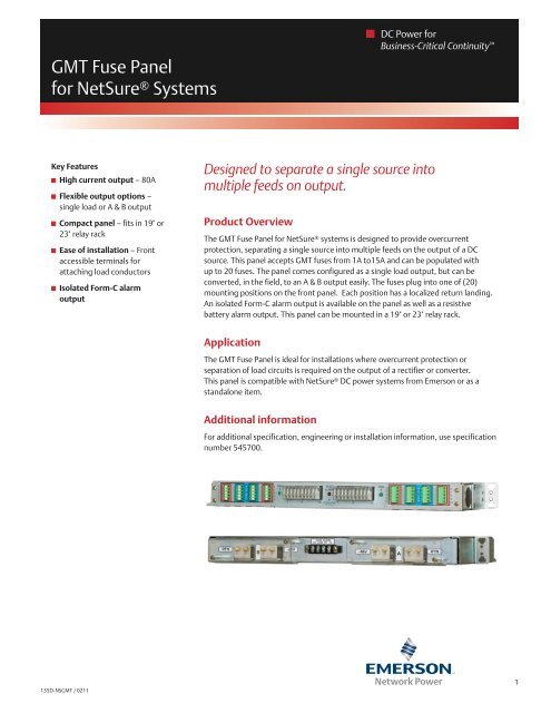 GMT Fuse Panel for NetSure® Systems - Emerson Network Power
