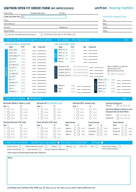 Open Fit Order Form - Unitron