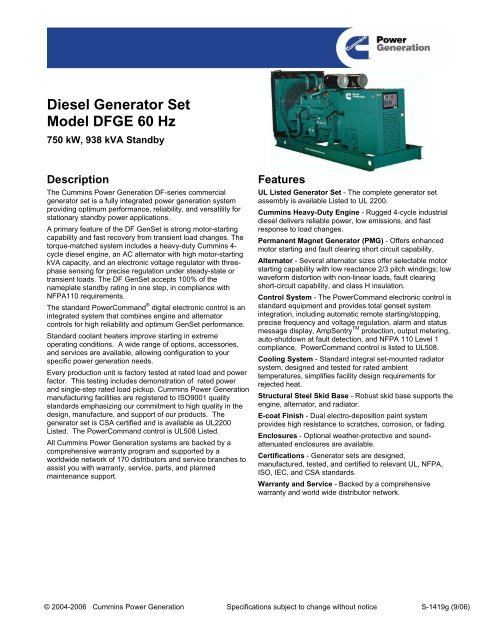 Diesel Generator Set Model DFGE 60 Hz - Cummins Inc.