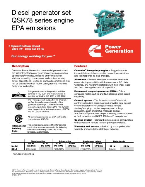 Diesel generator set QSK78 series engine EPA emissions