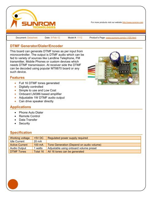 DTMF Generator/Dialer/Encoder Features Applications Specification
