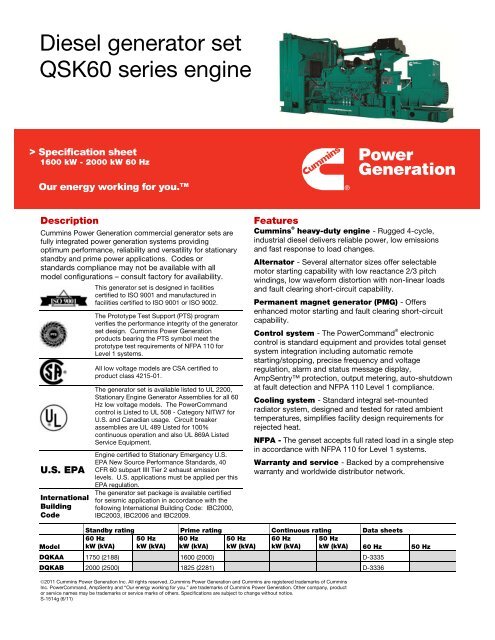Diesel generator set QSK60 series engine - Cummins Inc.