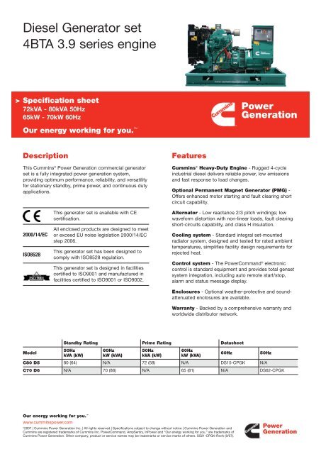 Diesel Generator set 4BTA 3.9 series engine - Cummins Inc.