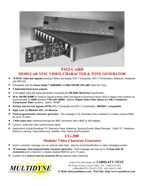 TS12-CARD 10 bit NTSC Test Signal Generators - Multidyne