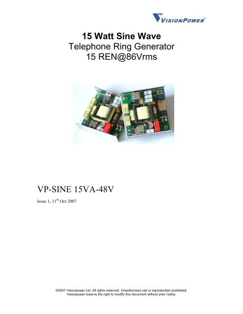15 Watt Sine Wave Telephone Ring Generator 15 ... - VisionPower