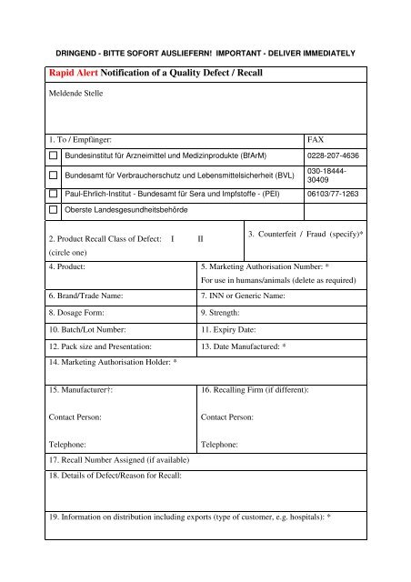 Rapid Alert Notification of a Quality Defect / Recall