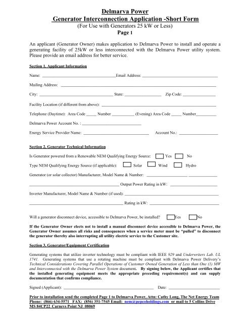 Conectiv Generator Interconnection Application -Short Form