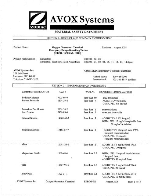 EEBD/ PBE MSDS - AVOX Systems, Inc.